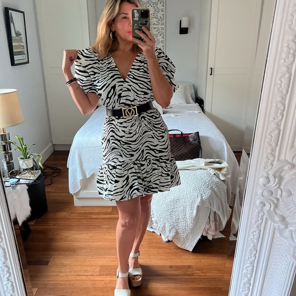 Zara | Dresses | Zara Animal Print Zebra Belted Black White Smocked ...